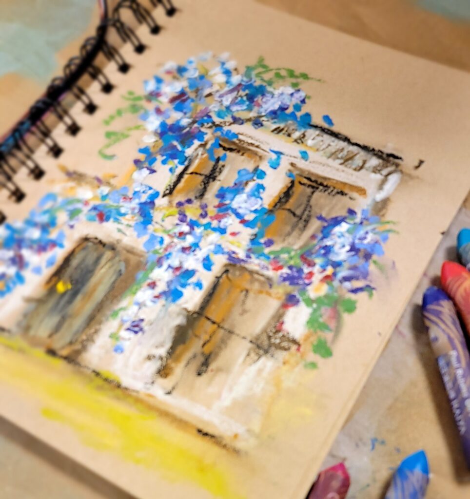 Oil Pastel House with Flowers